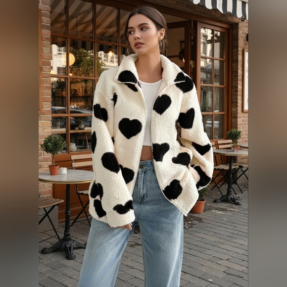 Jackets & Coats | Plush Teddy Heart Print Zip Up Long Sleeve Collared ...